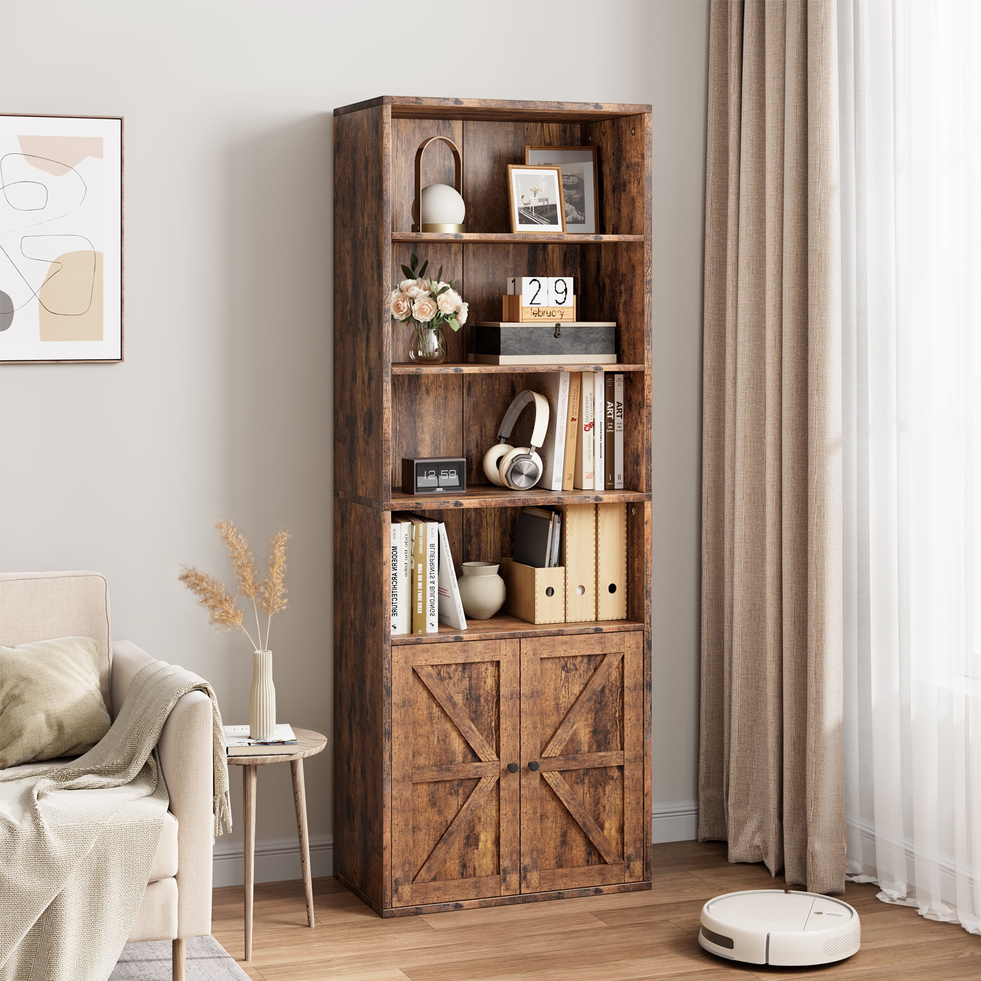 Accreate Farmhouse Bookcase with Doors 71.4in Tall Bookshelf 11.8in ...
