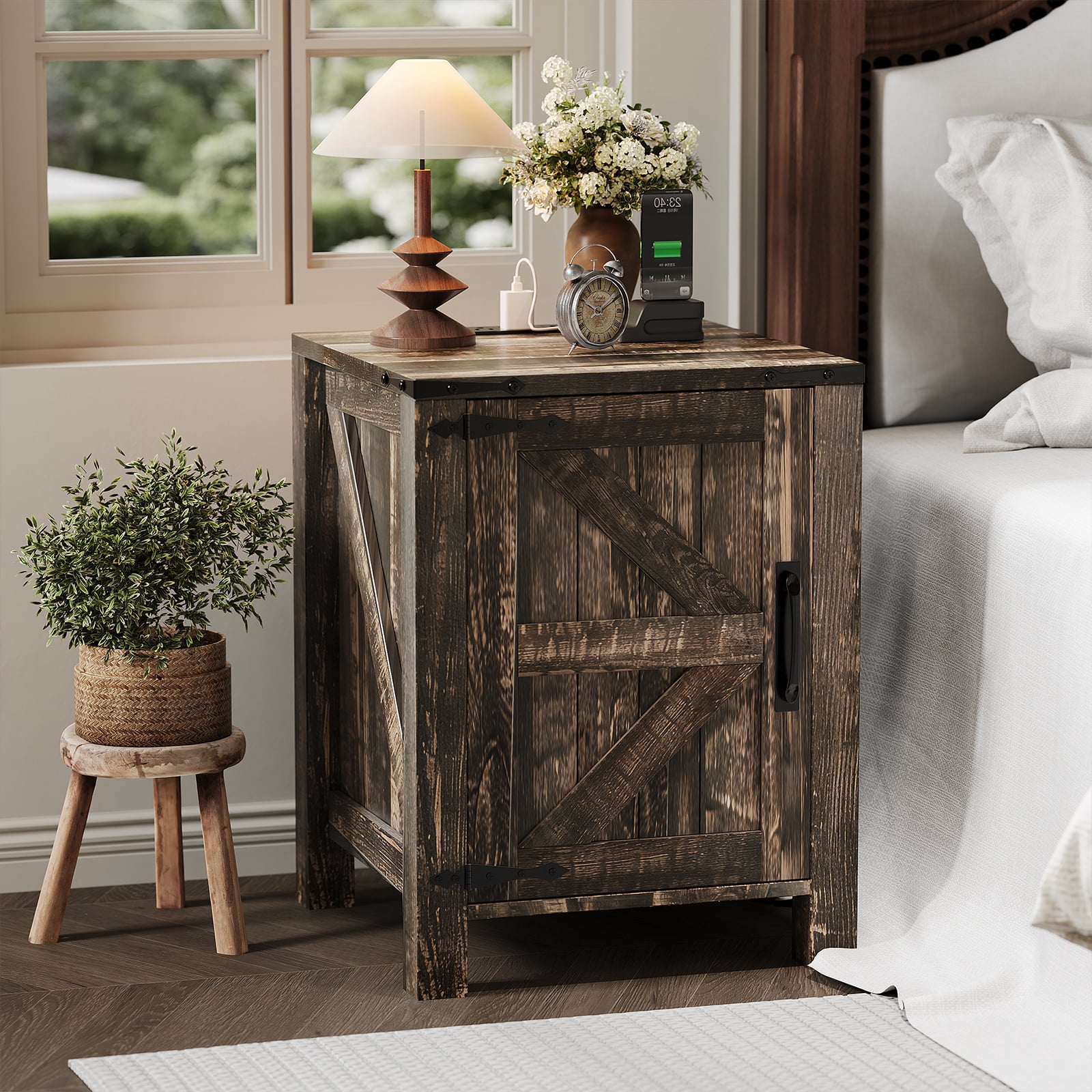 Accreate Farmhouse Nightstand with USB Charging Station, Rustic Bedside ...
