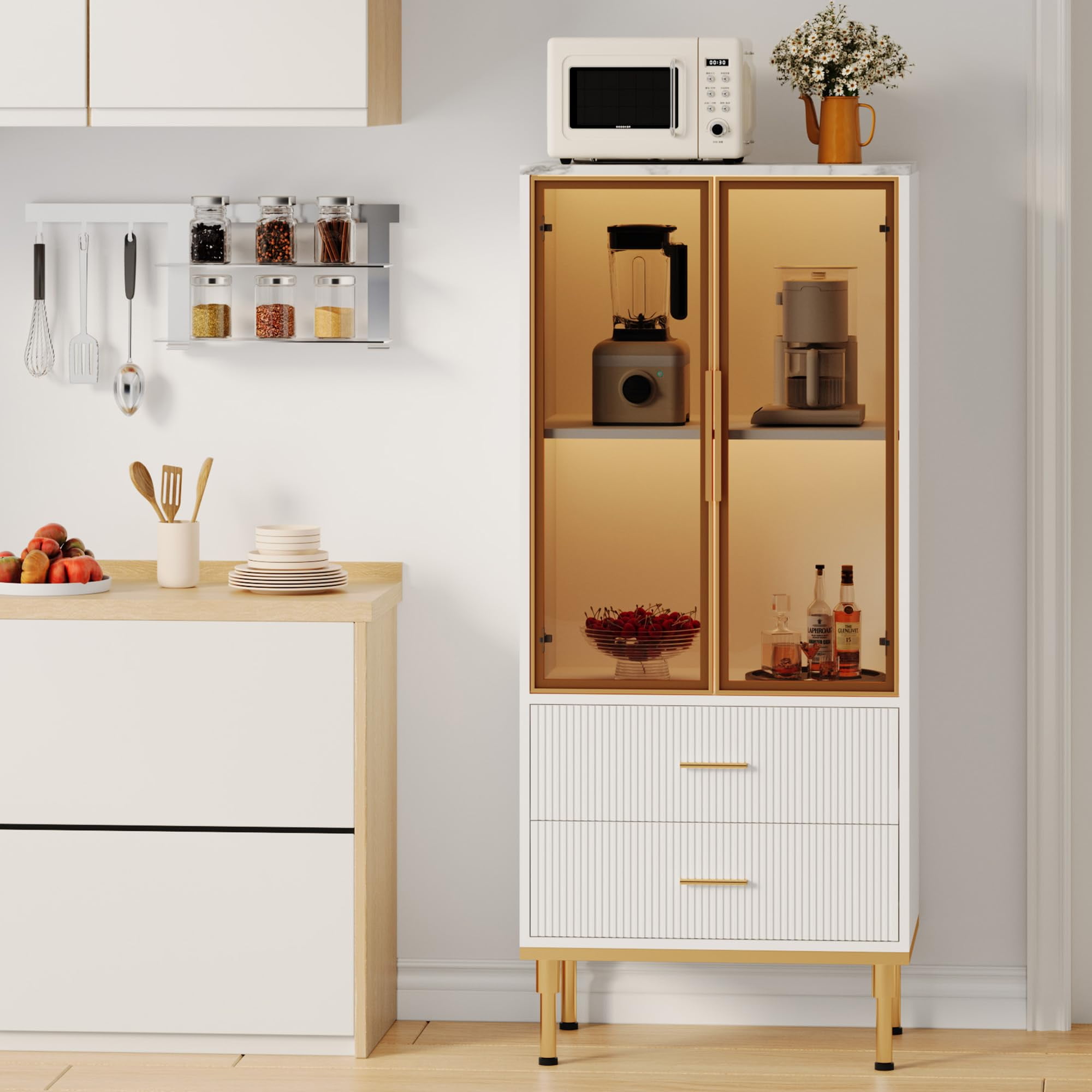 Accreate Fluted Storage Cabinet with Glass Door and 2 Drawers, Modern ...