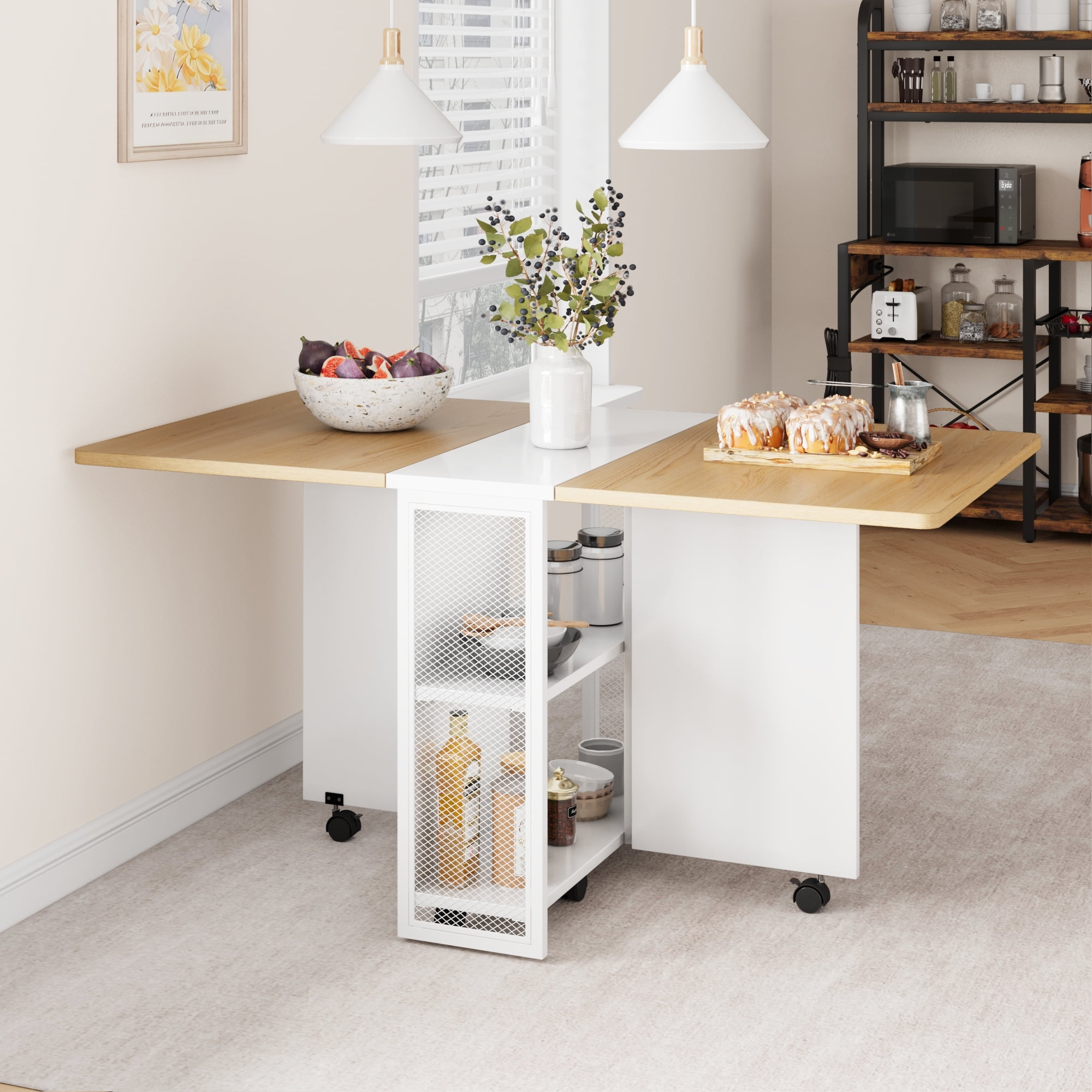 Accreate Folding Drop Leaf Dining Table with 6 Wheels and 2-Layer ...