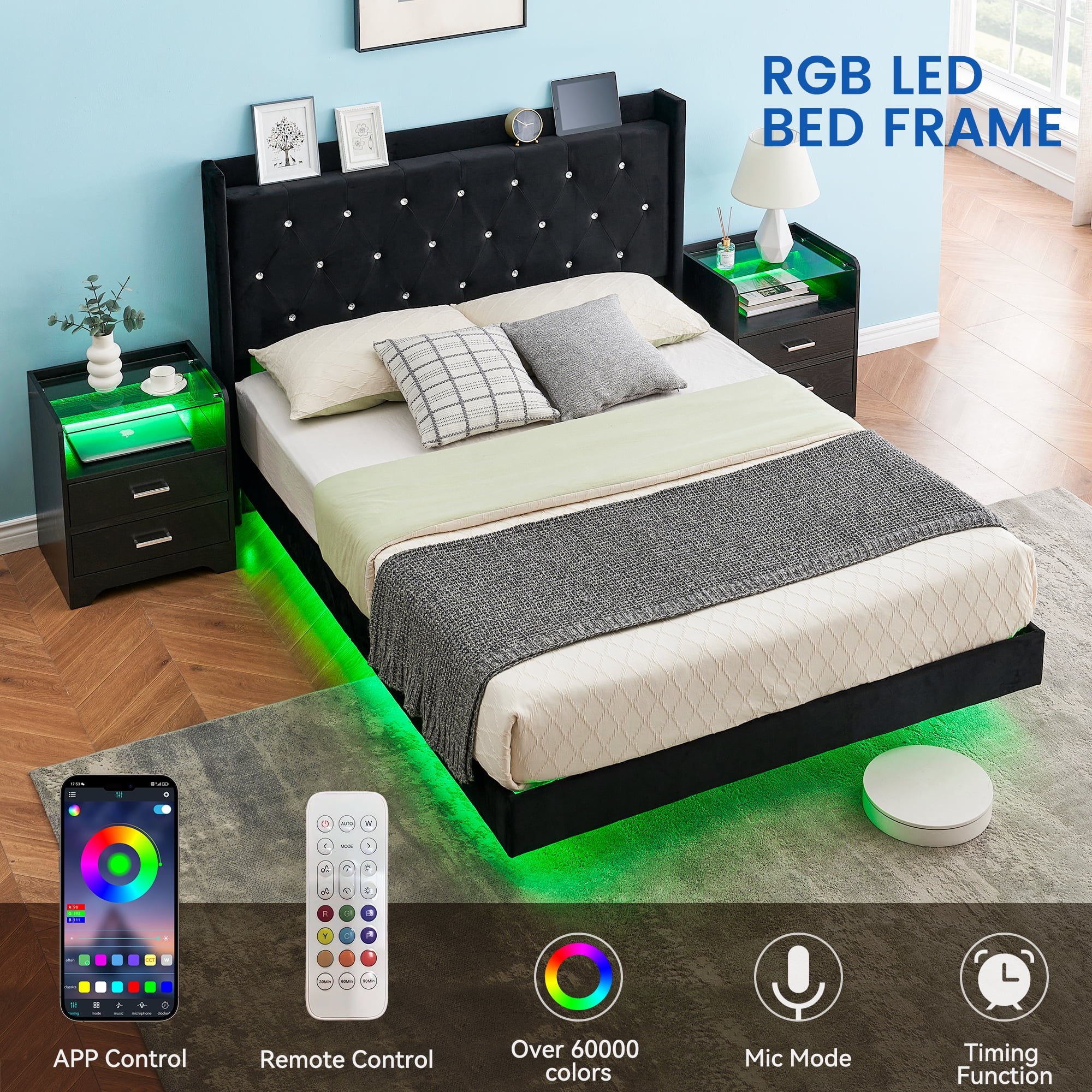 Accreate Full Floating Bed Frame with LED Lights, Modern Upholstered ...