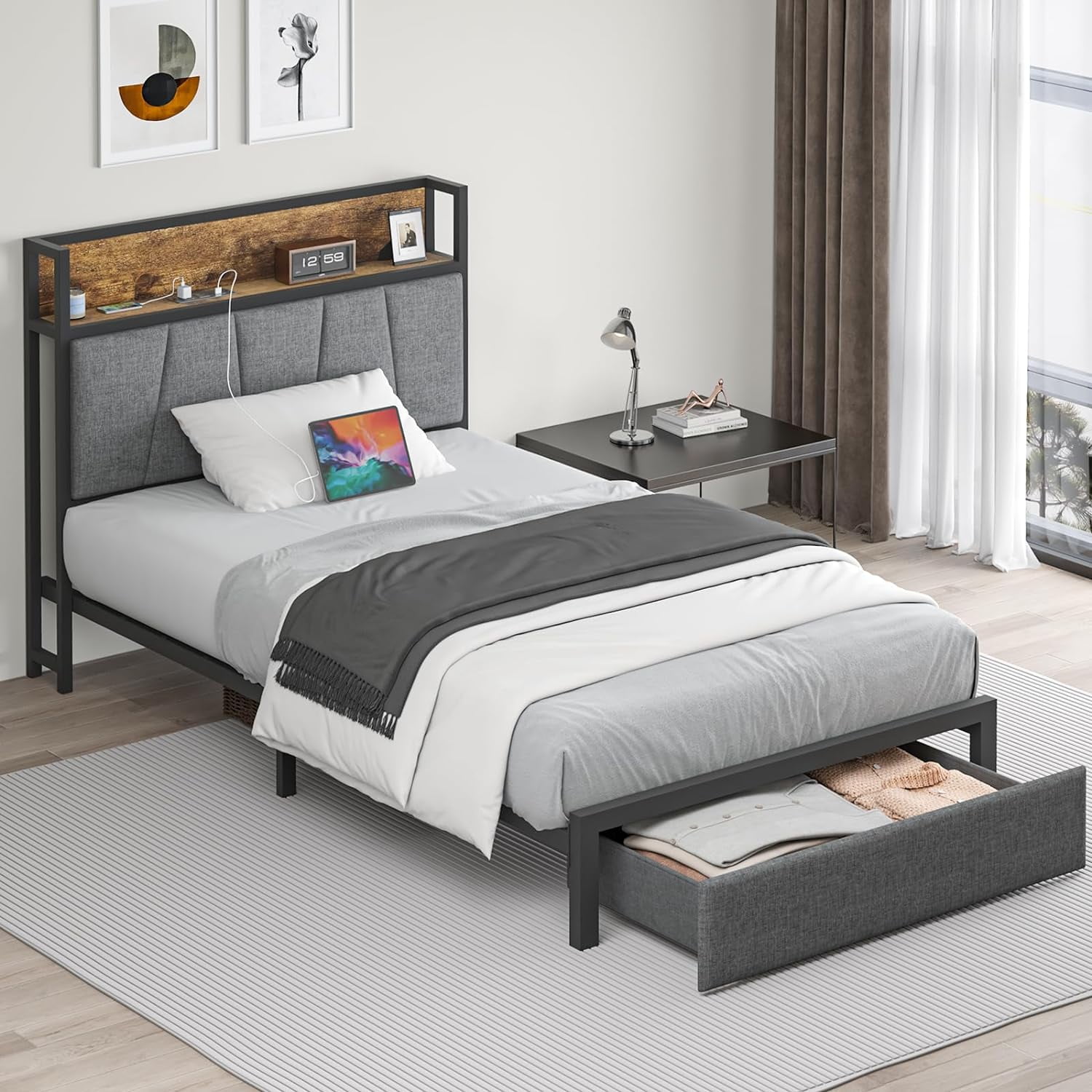 Accreate Full Size Bed Frame with Headboard and Storage, Drawers ...