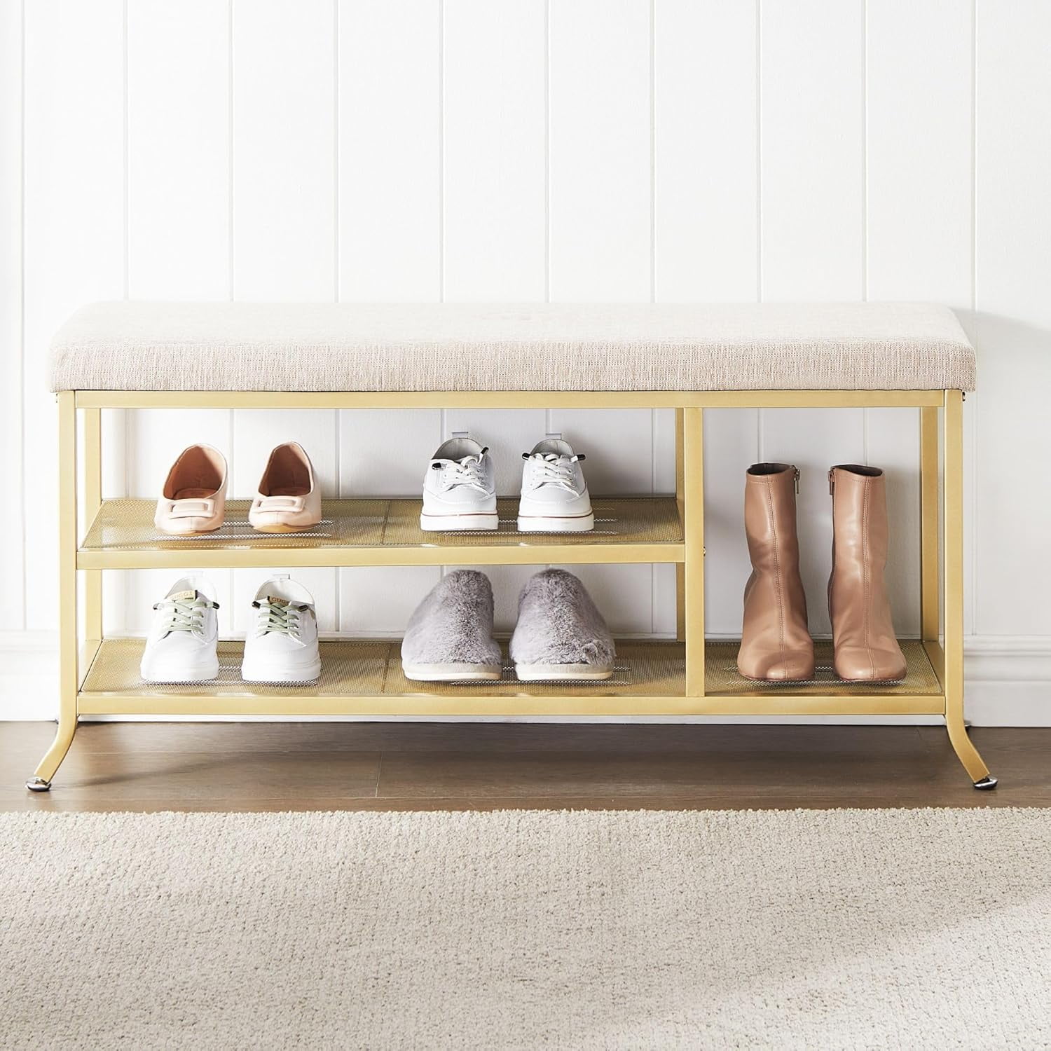 Accreate Gold 2-Tier Shoe Rack Bench - Sturdy Metal Storage with Padded ...