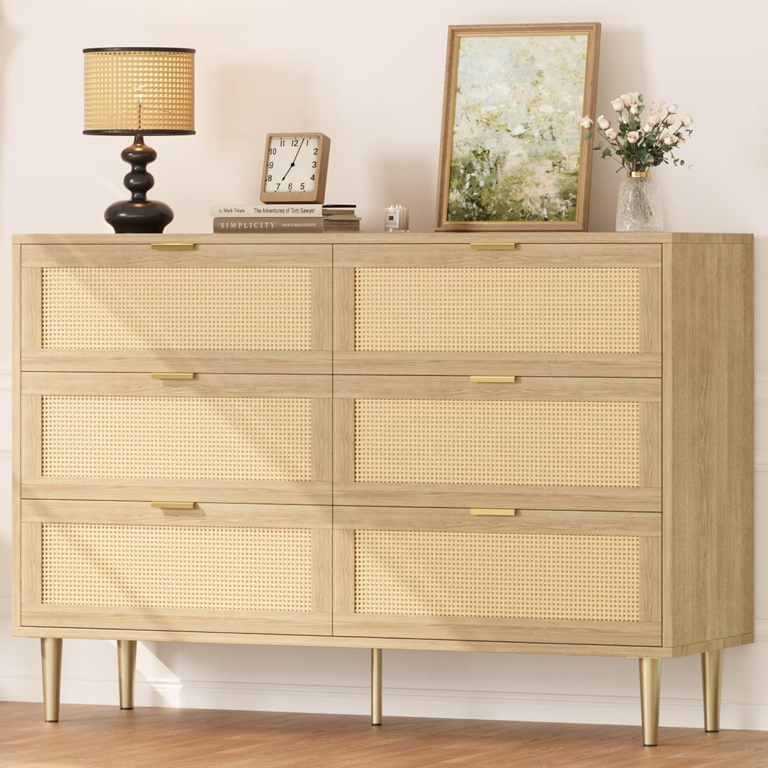 Accreate Modern Rattan 6-Drawer Dresser – Wide Double Chest of Drawers ...