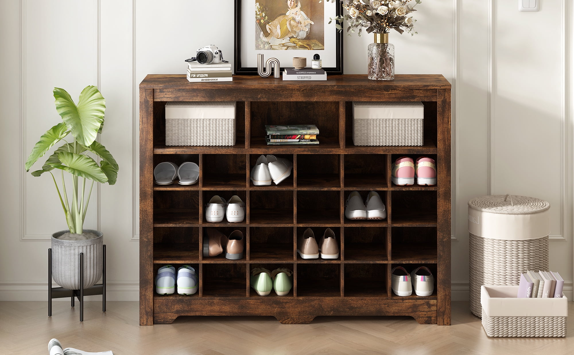 Accreate Modern Shoe Cabinet with Curved Base - 24 Shoe Cubby Console ...