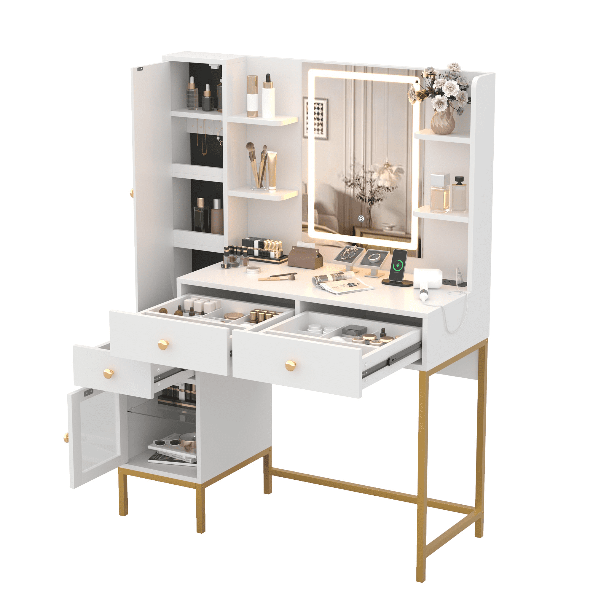 Accreate Modern Vanity Desk with Lighted Mirror – LED Cabinet, USB ...