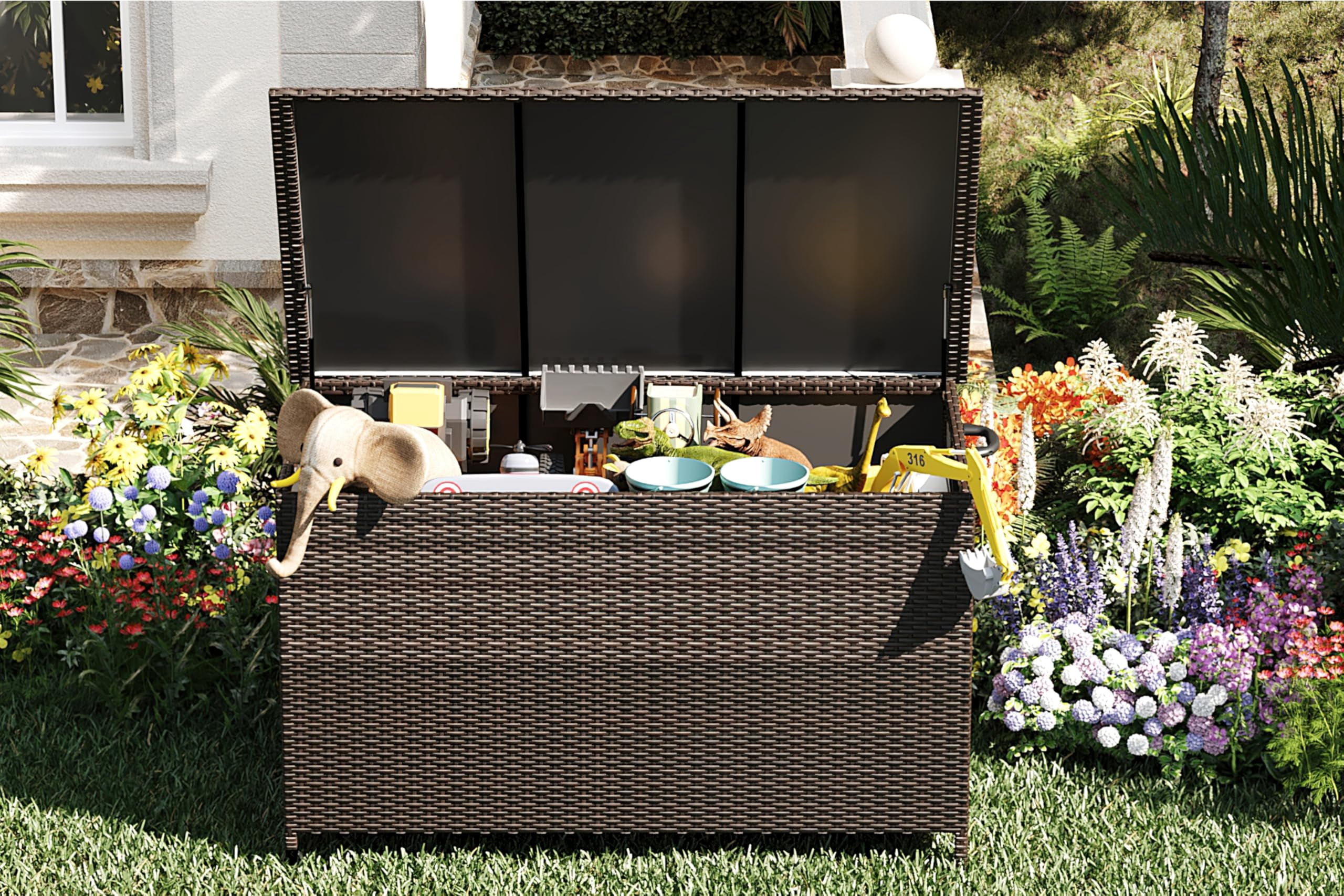 Accreate Outdoor Wicker Deck Box with Wheels & Hydraulic Lid - 185 ...
