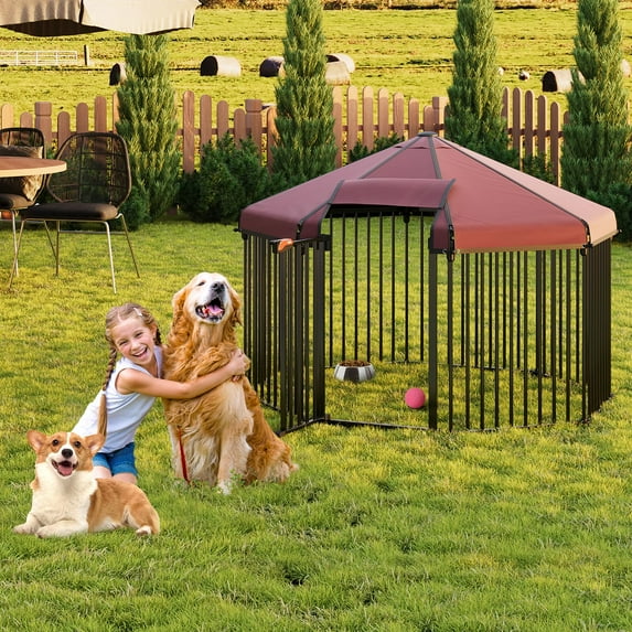 Accreate Premium Large Outdoor Dog Kennel with Roof, Heavy Duty Metal ...