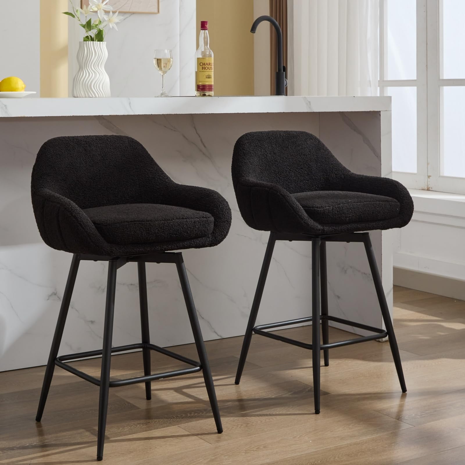 Accreate Set of 2 360° Swivel Bar Stools with Armrests, 26" Counter ...