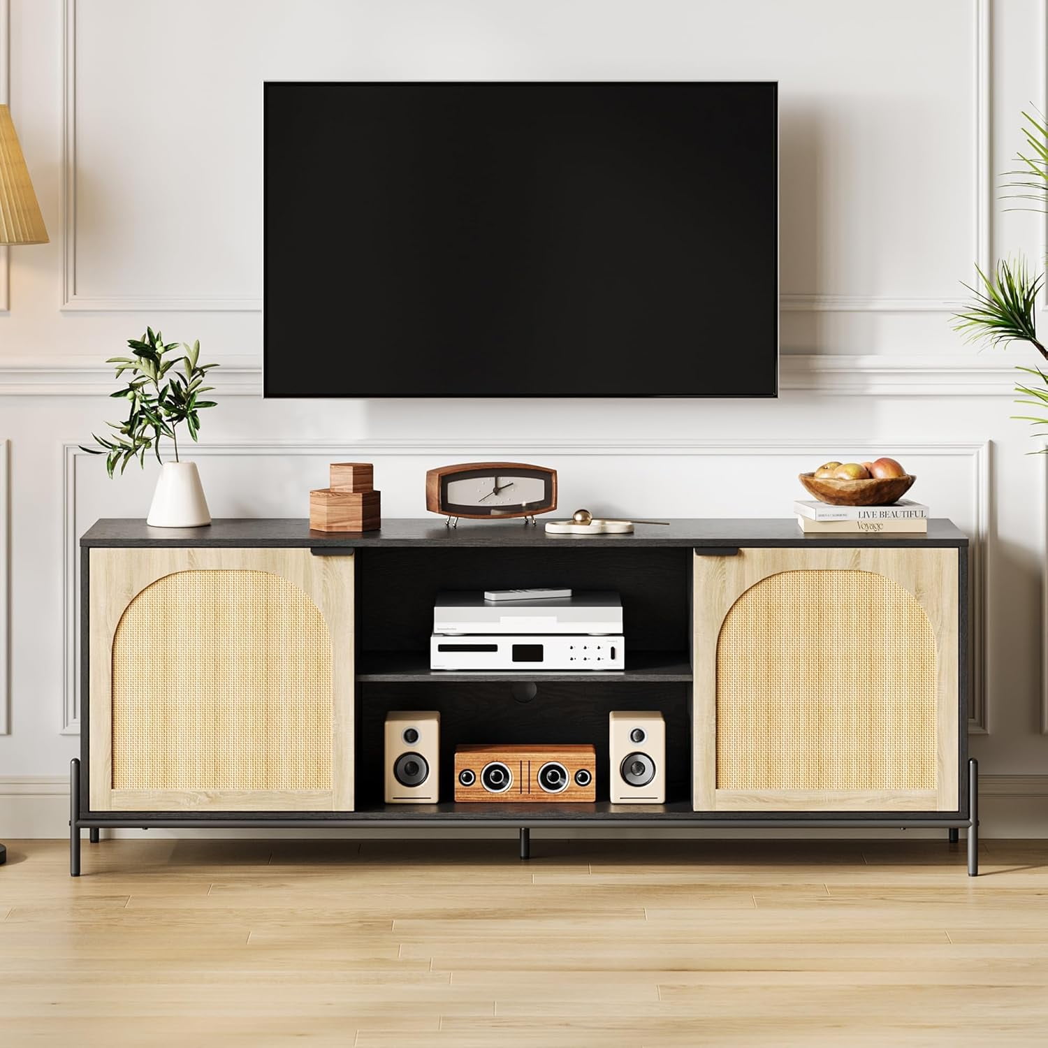 Accreate Stylish Black Rattan TV Stand - Farmhouse Entertainment Center ...