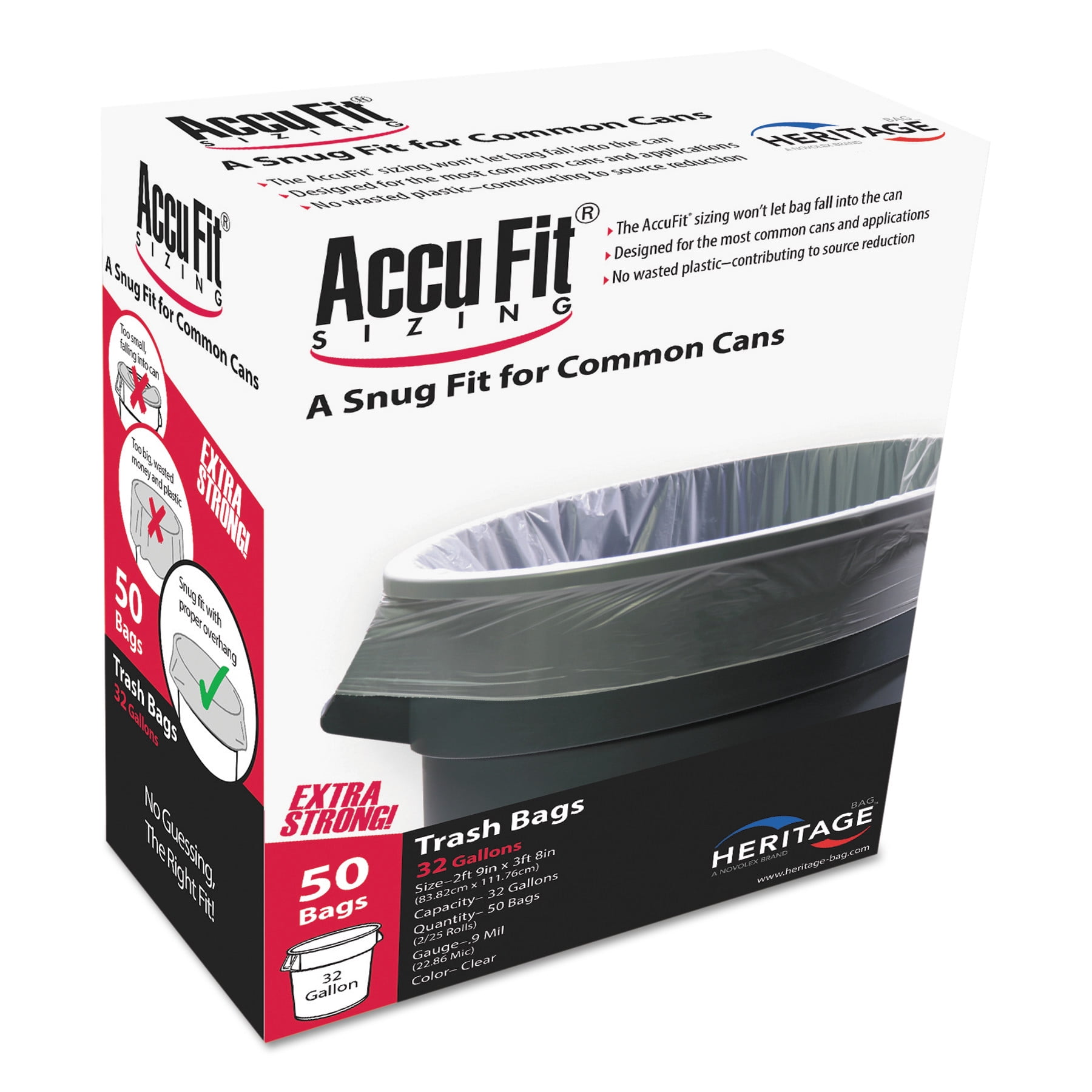 AccuFit Trash Bags, 32gal, 0.9mil, Clear, 33" x 44", 50/Box - Walmart.com