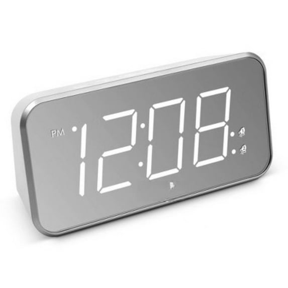 AccuSet Jumbo Mirror Display Alarm Clock White Modern Bedside LED Clock ...