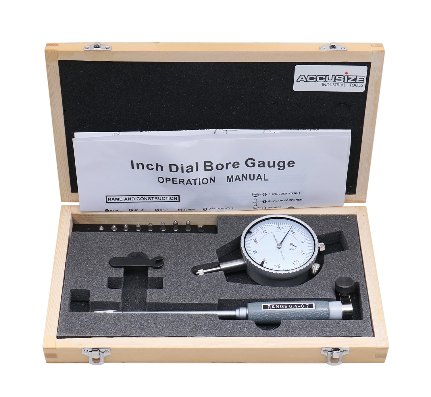 Accusize 0.4-0.7'' by 0.0005'' Dial Bore Gage, Stem Length 4'', Ee20 ...
