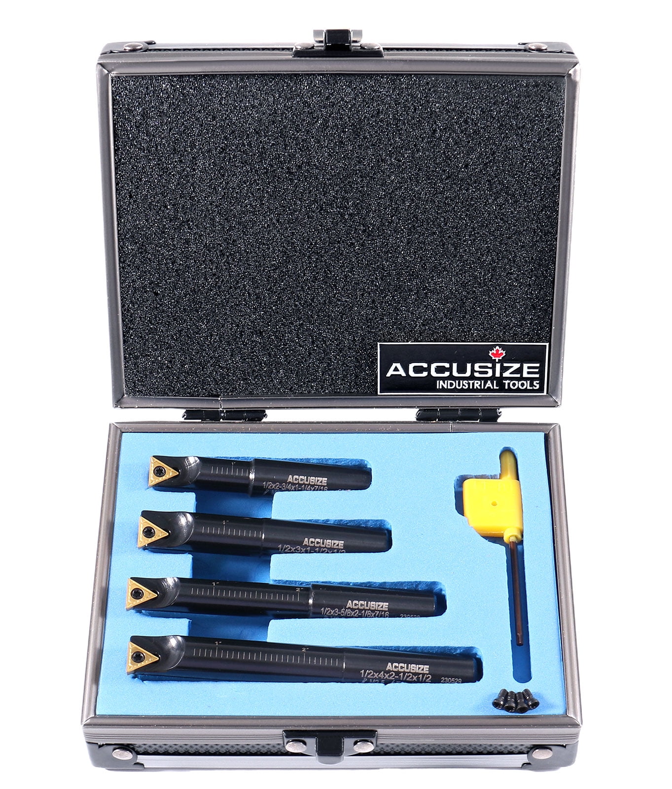 Accusize 4 Pc 1/2'' Round Shank Indexable Boring Bar Set with Tcmt21.50 Carbide Inserts, 90 ...