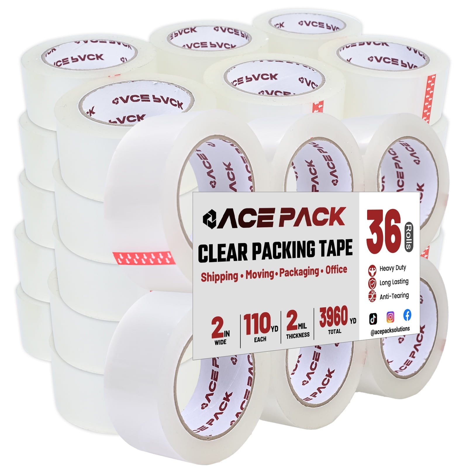 Ace Pack 2" Wide x 110 Yards Per Roll, 2.0 Mil Thick Heavy Duty Clear ...
