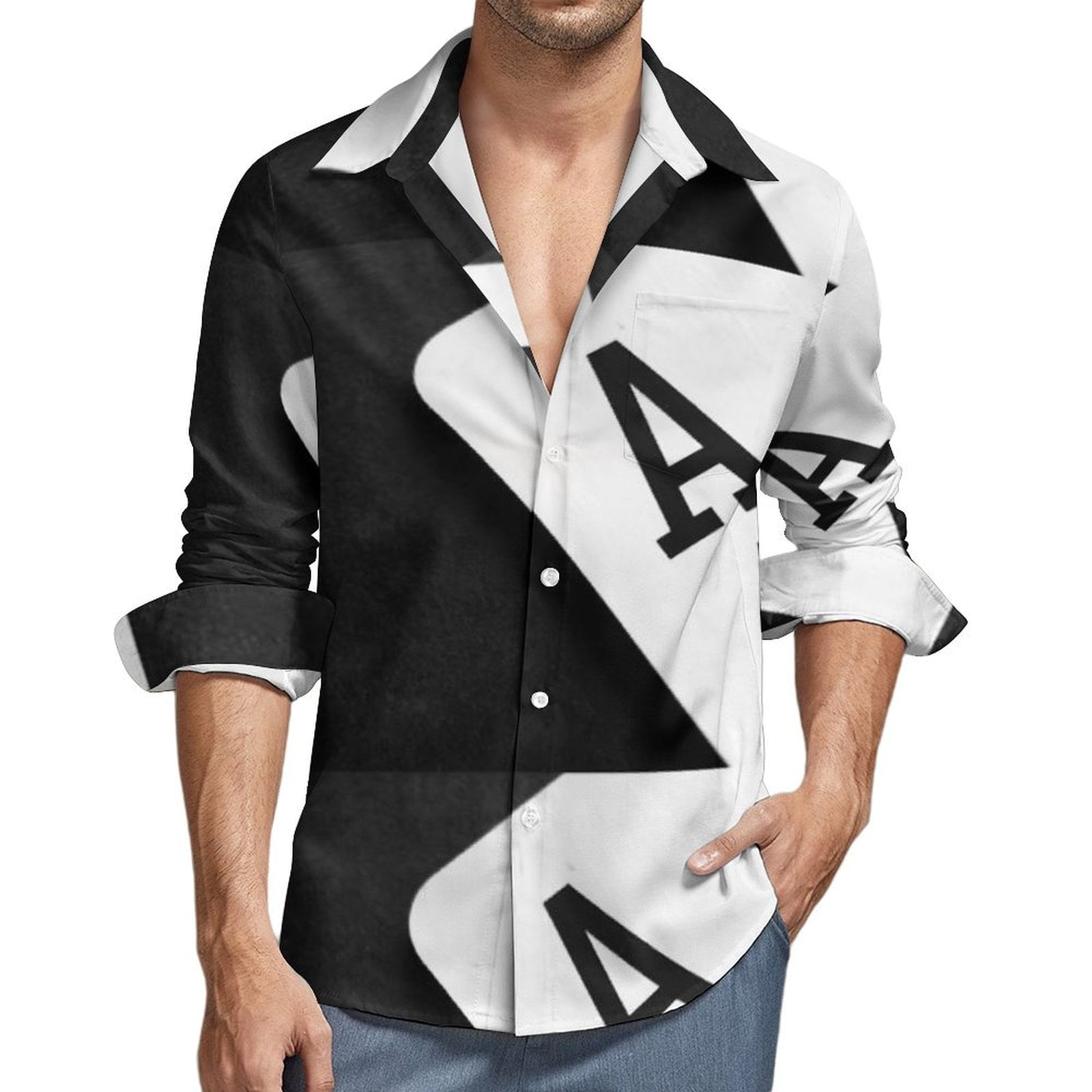 Ace of Spades Monochrome Playing Card Hawaiian Shirt for Men Long Sleeve Button Down Beach ...