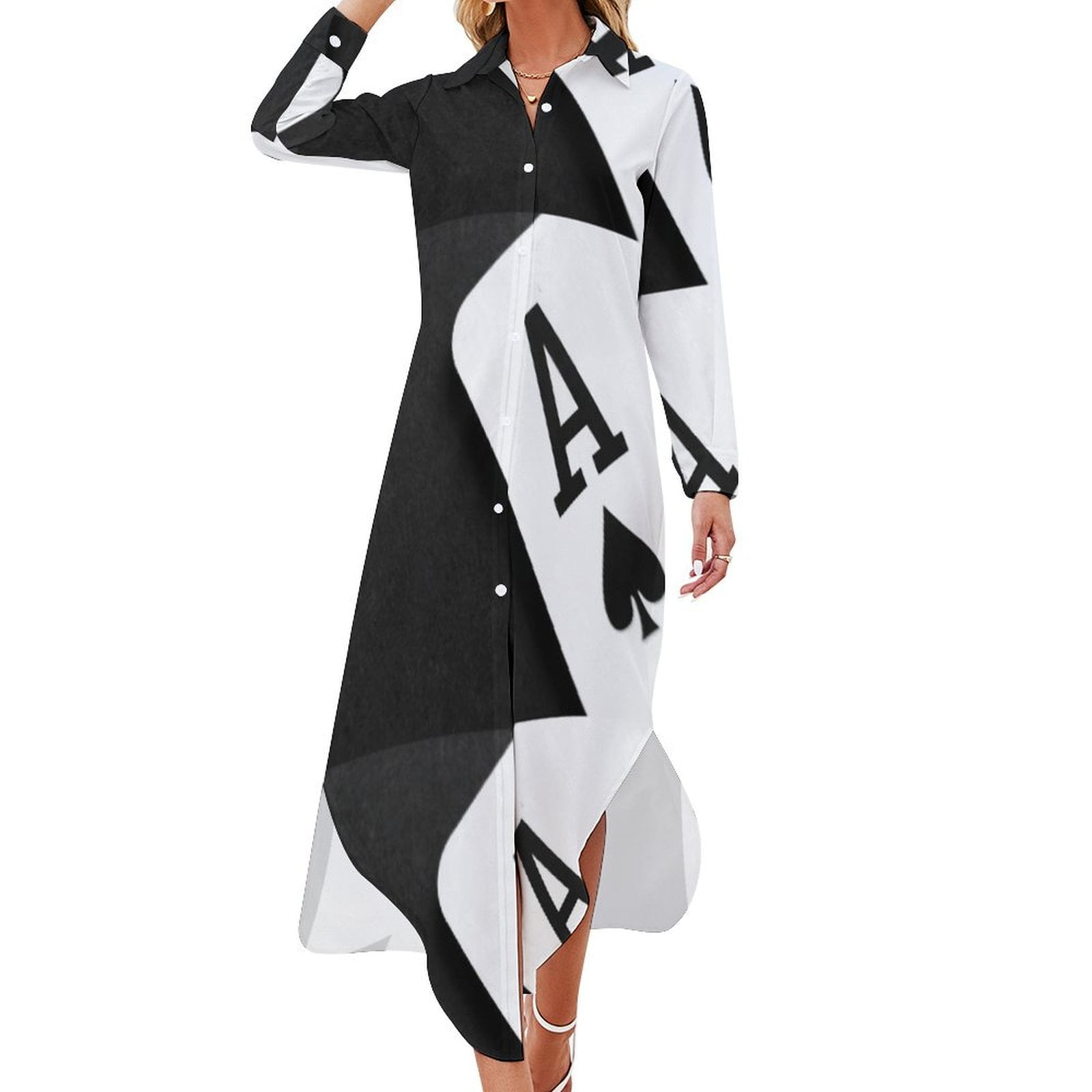 Ace of Spades Monochrome Playing Card Shirt Dress Long Sleeve Street ...