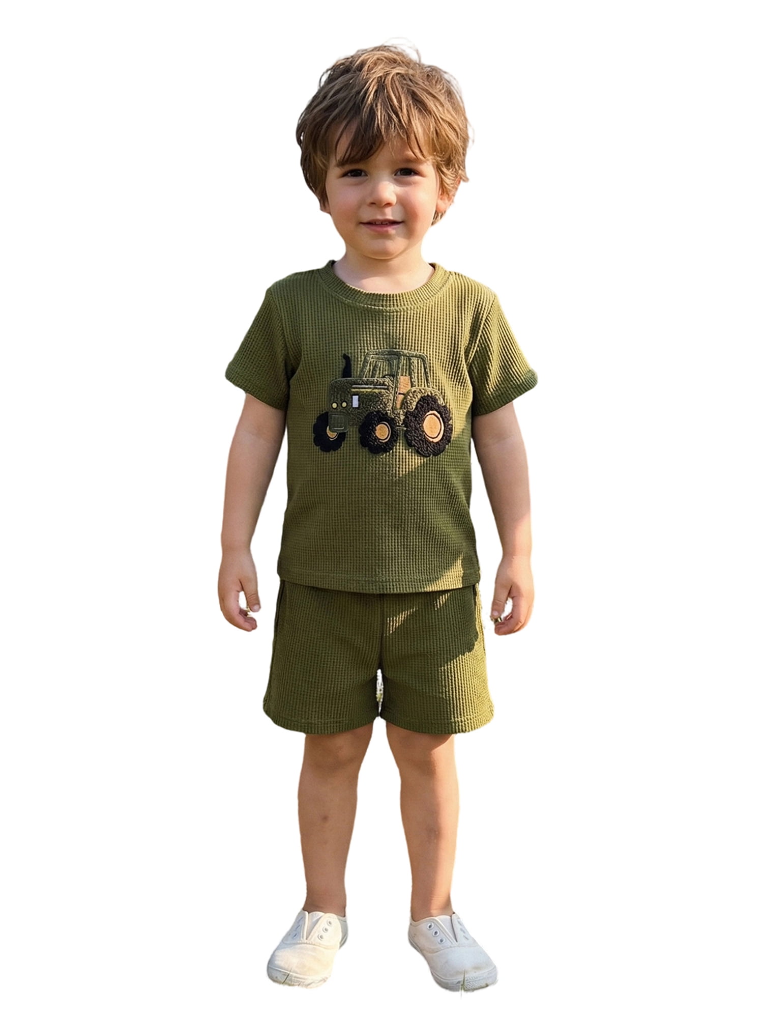 AceBaby 2Pcs Waffle Outfits for Boys at 6M-5Y Tractor Embroidery Tops ...