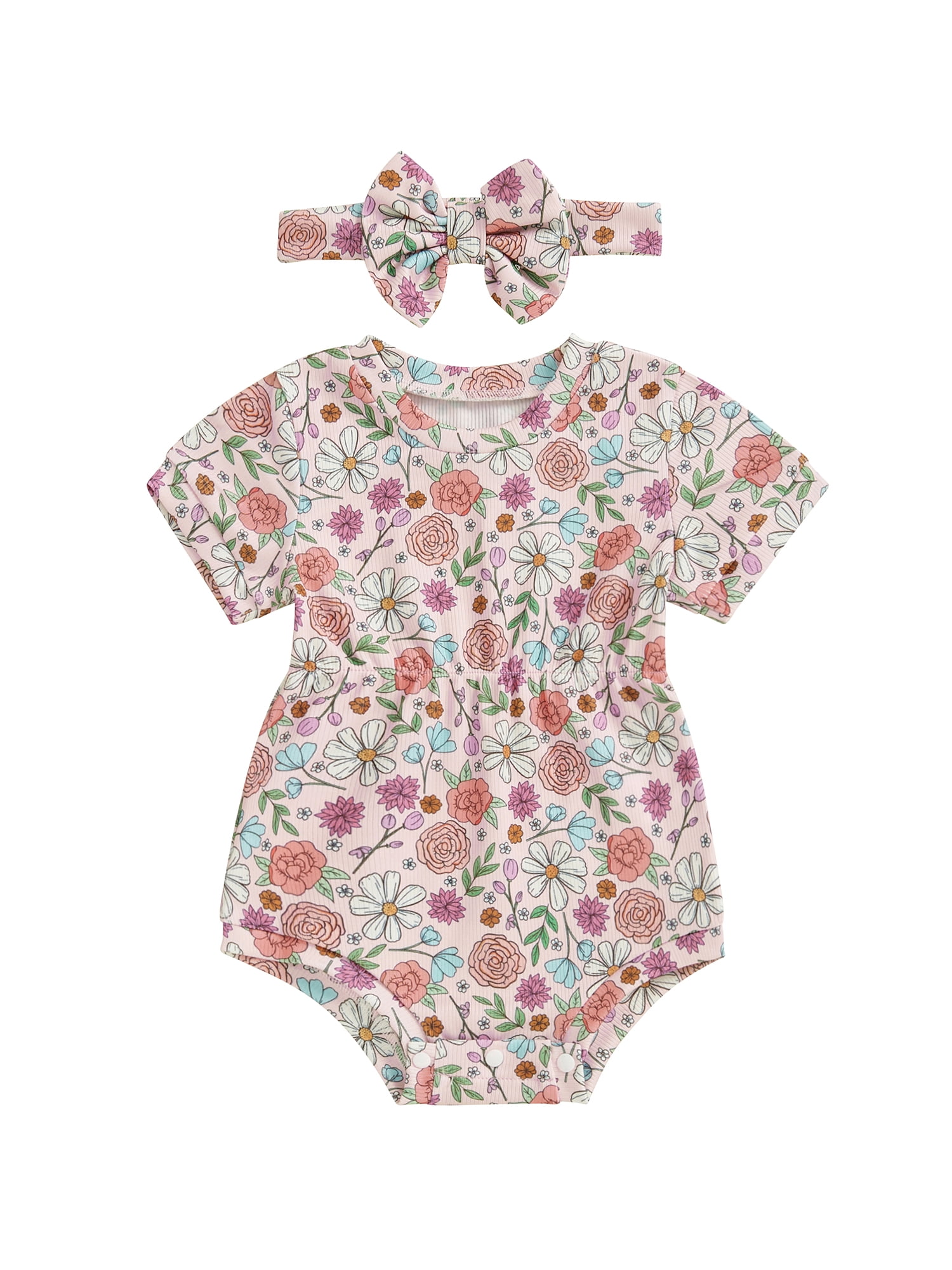 AceBaby Baby Girl Ribbed Romper Floral/Bow/Strawberry Short Sleeve ...