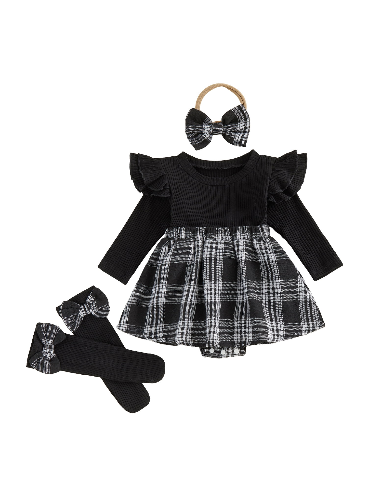 AceBaby Infant Baby Girls Fall Ribbed Plaid Romper Dress with Headband ...