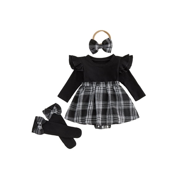 AceBaby Infant Baby Girls Fall Ribbed Plaid Romper Dress with Headband ...
