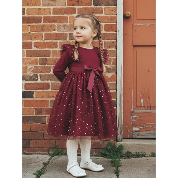 AceBaby Kids Girl Tulle Dress Ruffle Solid Color Belted Dress Tween ...