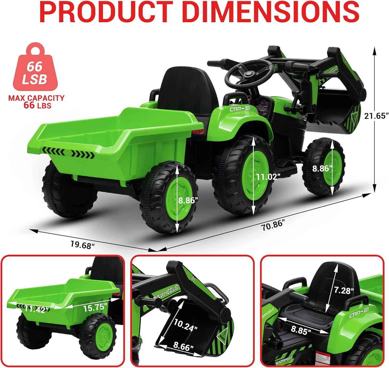 Acekid 12V 3 in 1 Ride on Excavator Tractor with Detachable Trailer ...
