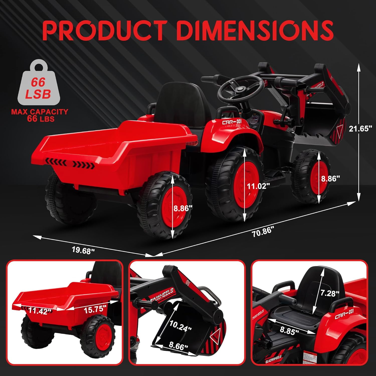 Acekid 12V 3 in 1 Ride on Excavator Tractor with Detachable Trailer ...