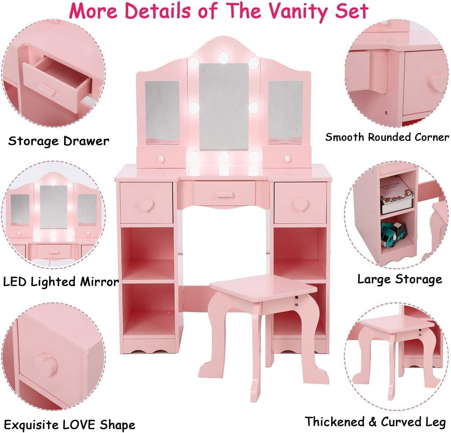 Acekid 2-in-1 Kids Dressing Table & Chair Set with Trifold Mirror ...