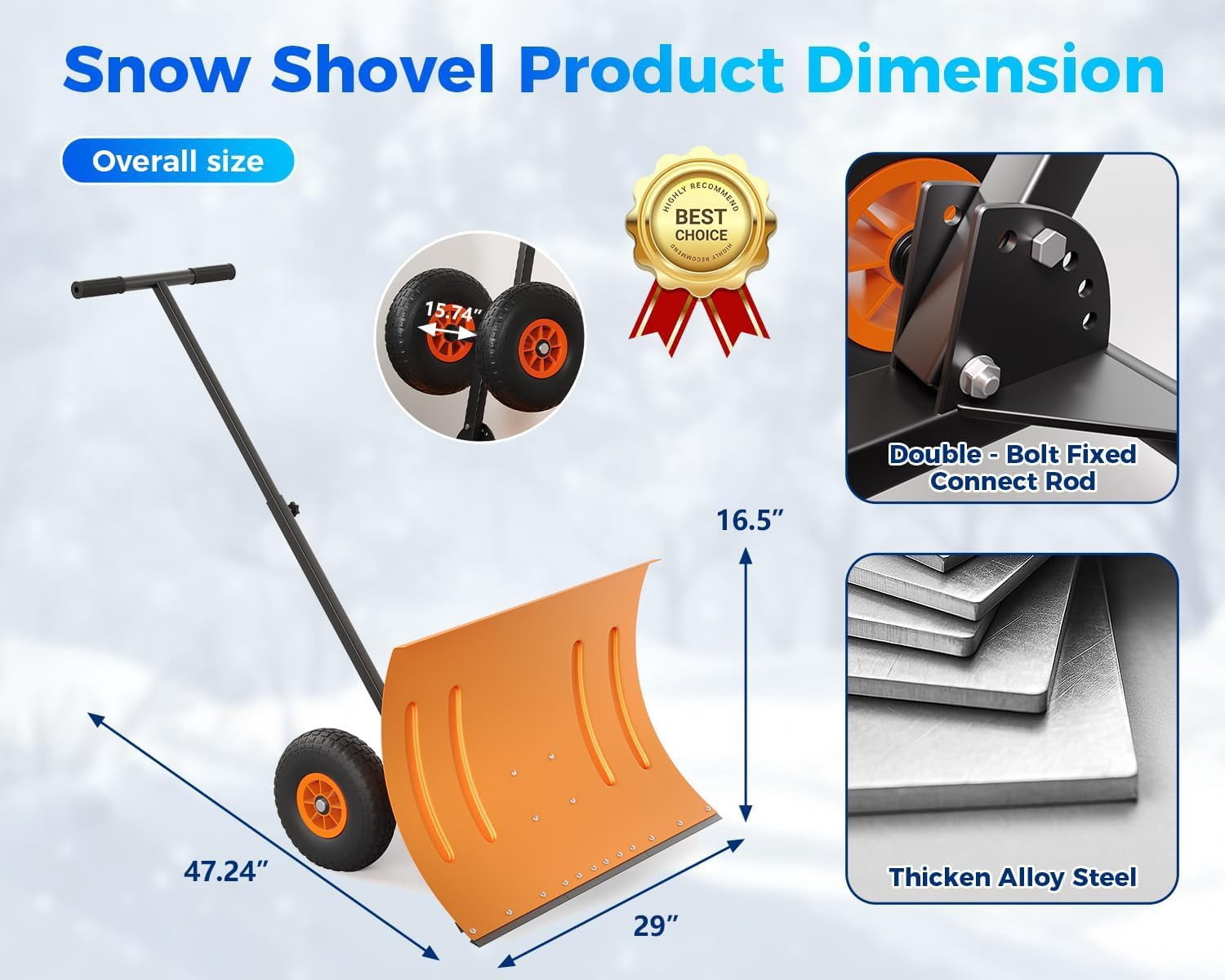 Acekid 29 Inch Single Rod Snow Shovel with Wheels - Adjustable 5 ...