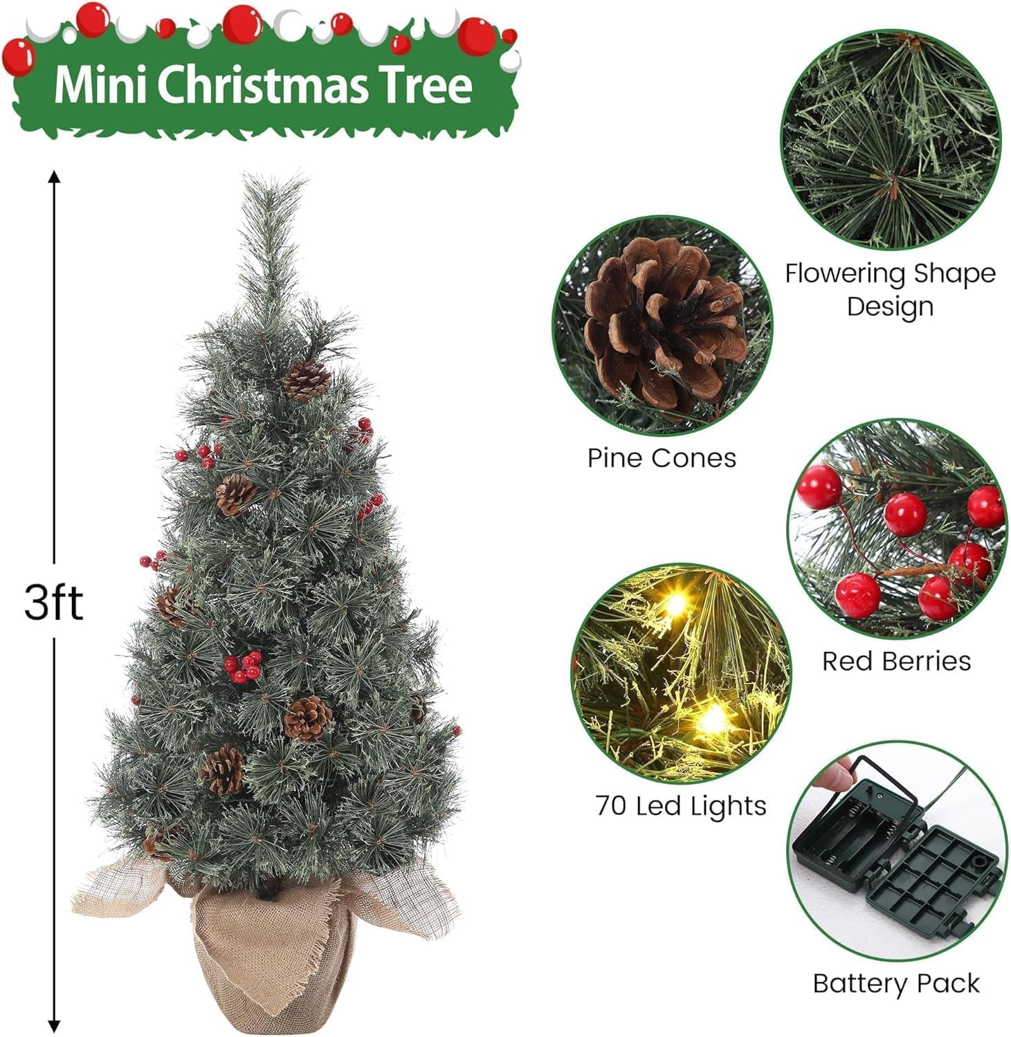 Acekid 3ft Artificial Mini Christmas Tree with Vintage Potted Base ...