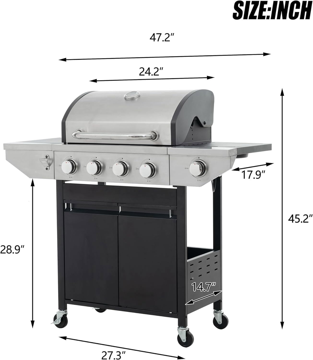 Acekid 4 Burners BBQ Grill with Side Burner 46,000 BTU Output Stainless ...