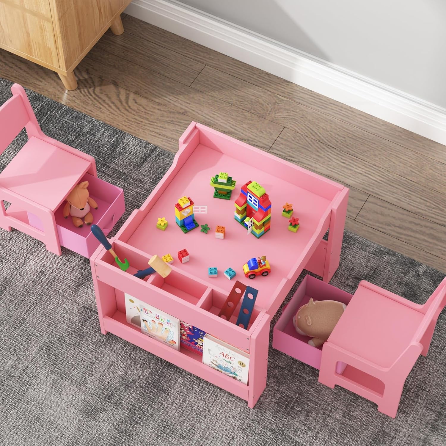 Acekid 4-in-1 Table and Chair Set, Wooden Activity Table with 2Chairs ...