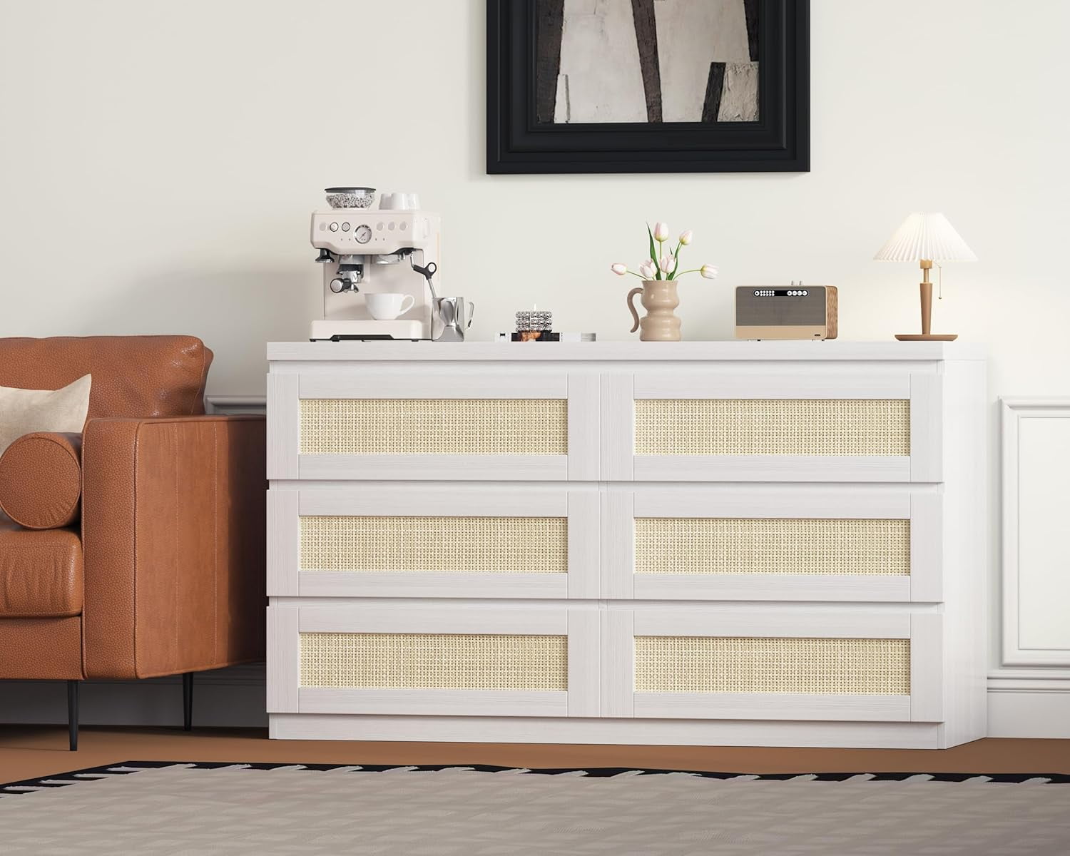 Acekid 6-Drawer Dresser, 47 Inch Modern Rattan Chest of Drawers, Slim ...