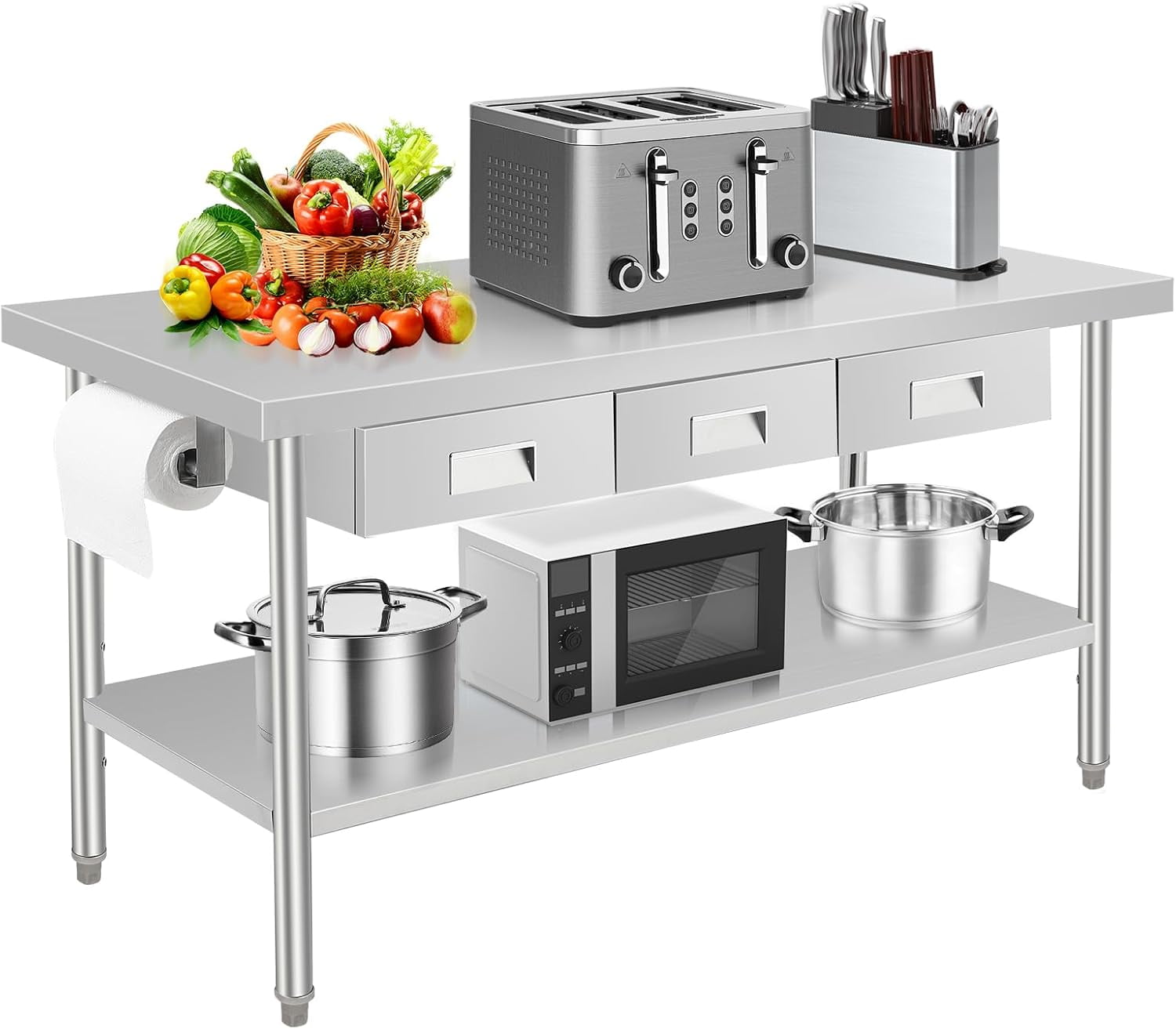 Acekid 60"×24"Stainless Steel Workbench with 3 Drawers, Paper Towel ...