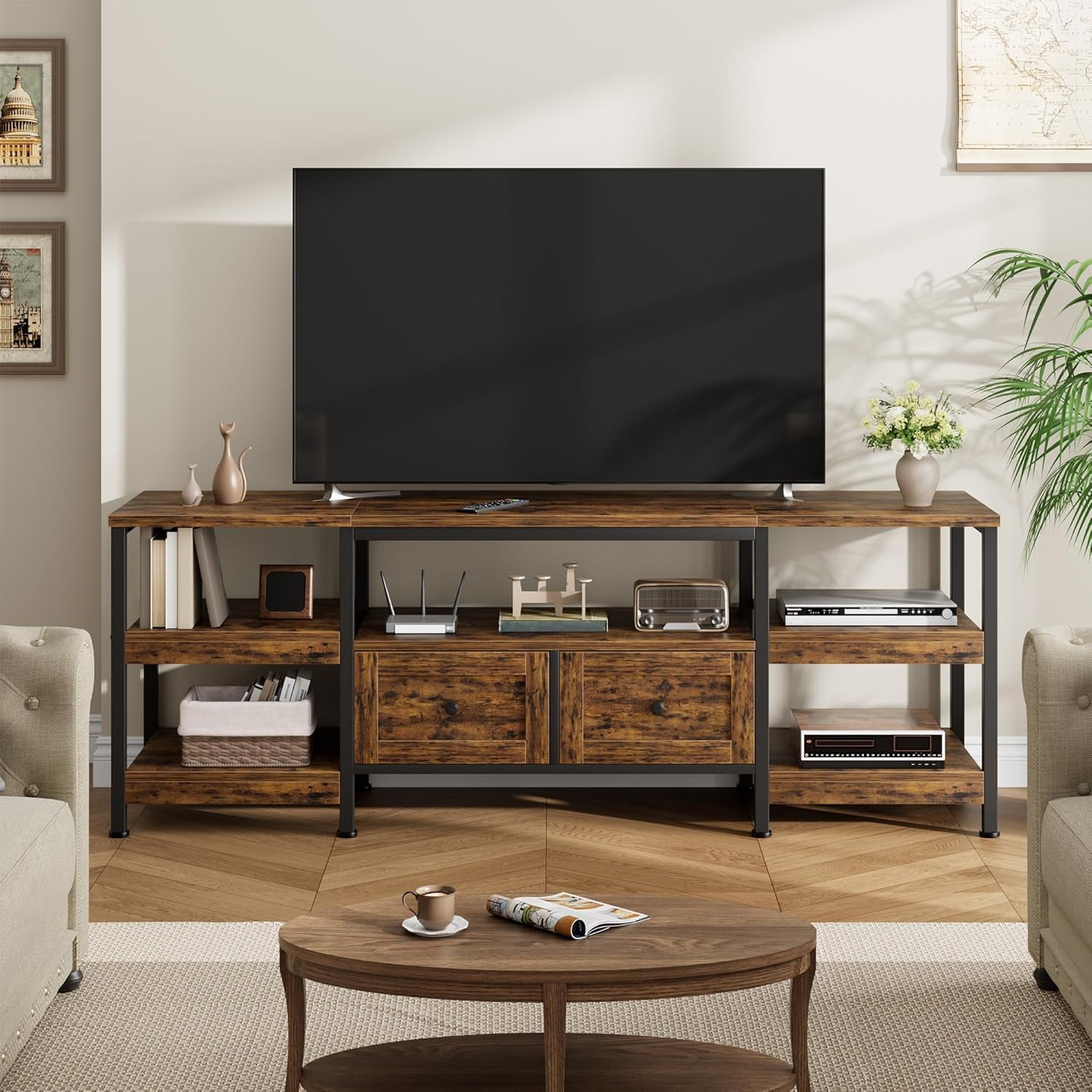 Acekid 71 in Modern-Industrial TV Stand with 2 Fabric Drawers ...