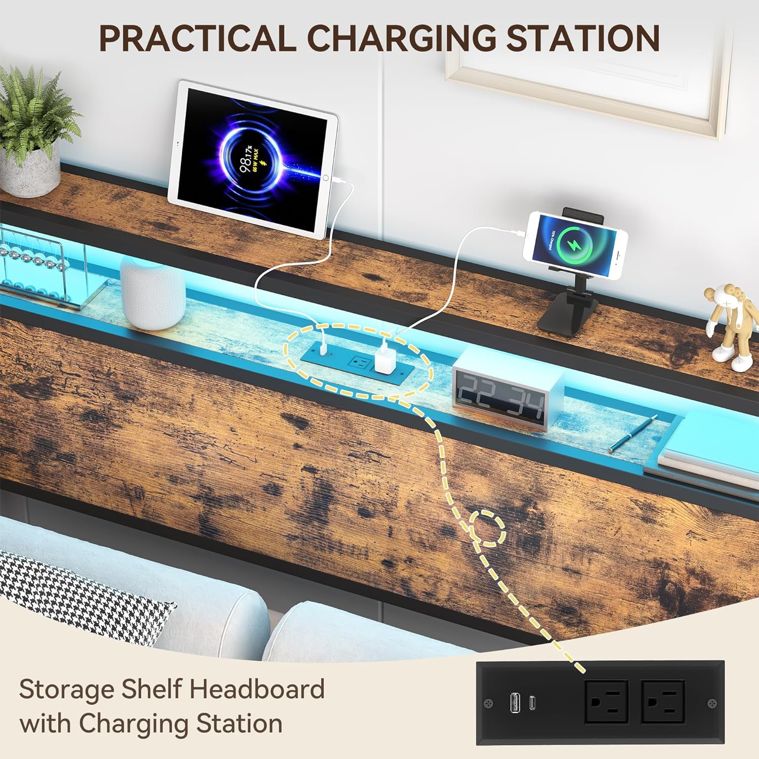 Acekid Full Size Headboard with 2 Outlets, LED Lights & USB Ports ...