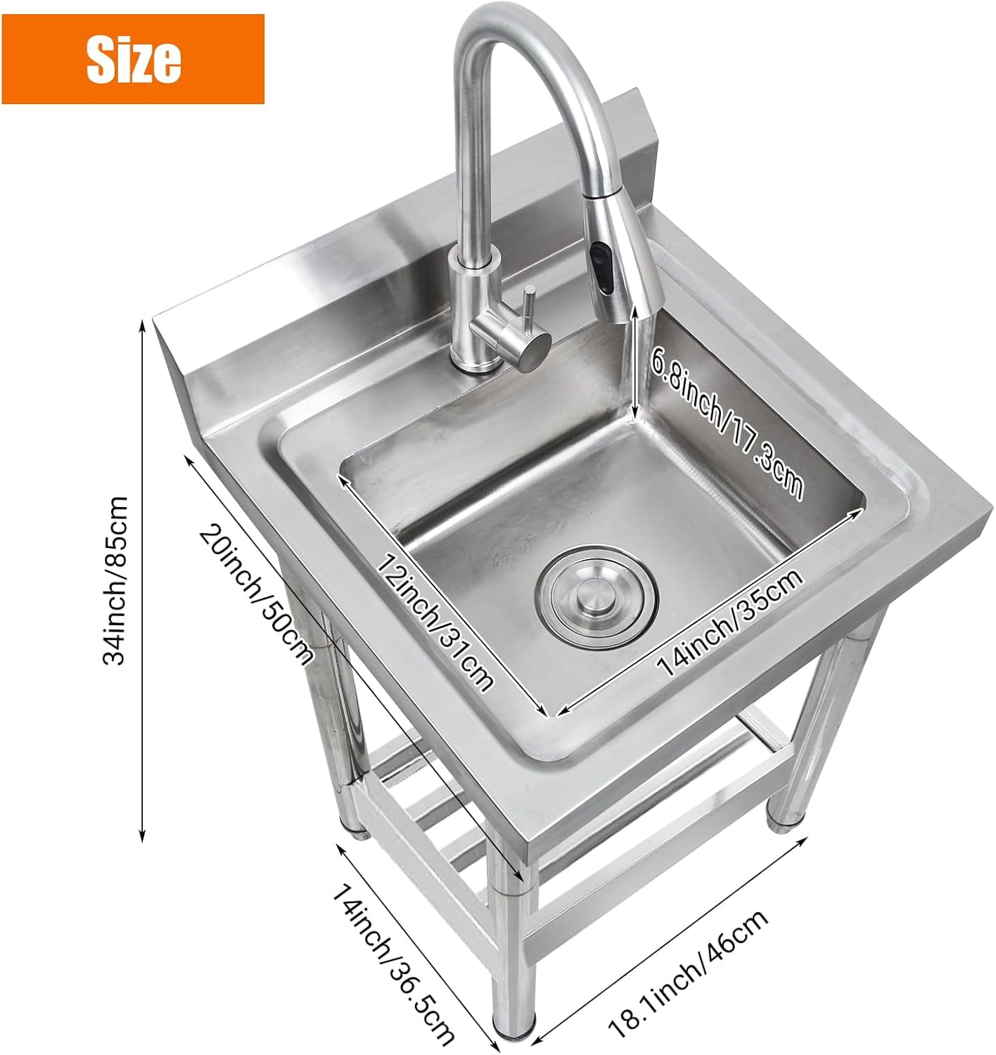 Acekid Stainless Steel Utility Sink, Free Standing Single Bowl Sink ...