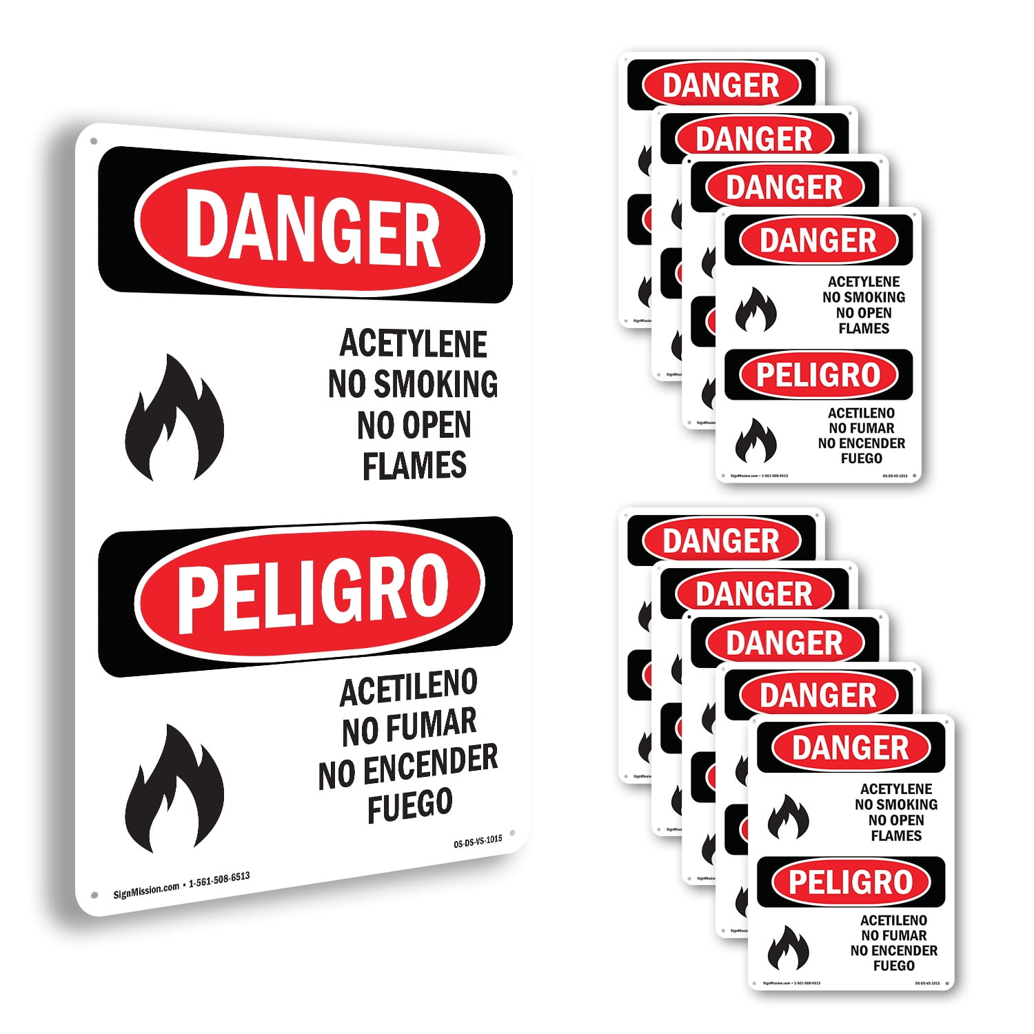 Acetylene No Smoking No Open Flame Bilingual OSHA Danger Aluminum Sign ...