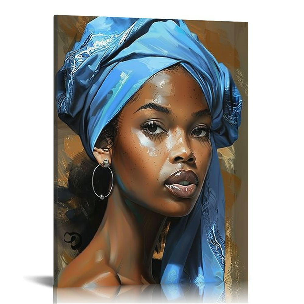 Acheng African American Canvas Wall Art Black Woman Portrait Painting Blue Hair Beauty Black ...