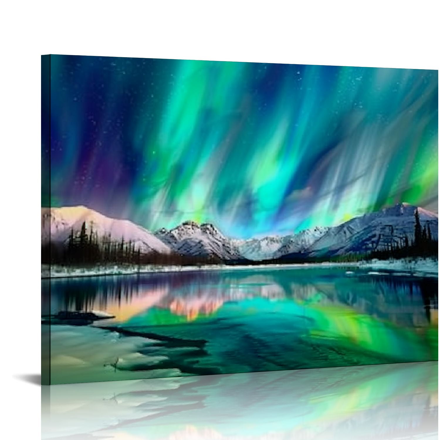 Acheng Aurora Borealis Canvas Wall Art, Green Aurora Trees Lake Picture ...