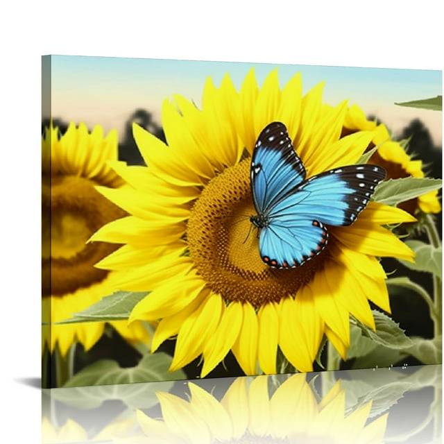 Acheng Bathroom Sunflower Canvas Wall Art Blue Butterfly Picture Spring ...