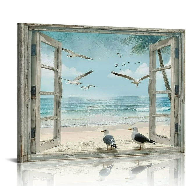 Acheng Beach View With Window Art Coastal Bird Pictures Window View ...
