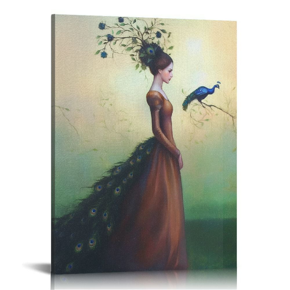 Acheng Beauty And Birds In Her Hair Woman And Peacock Illustration