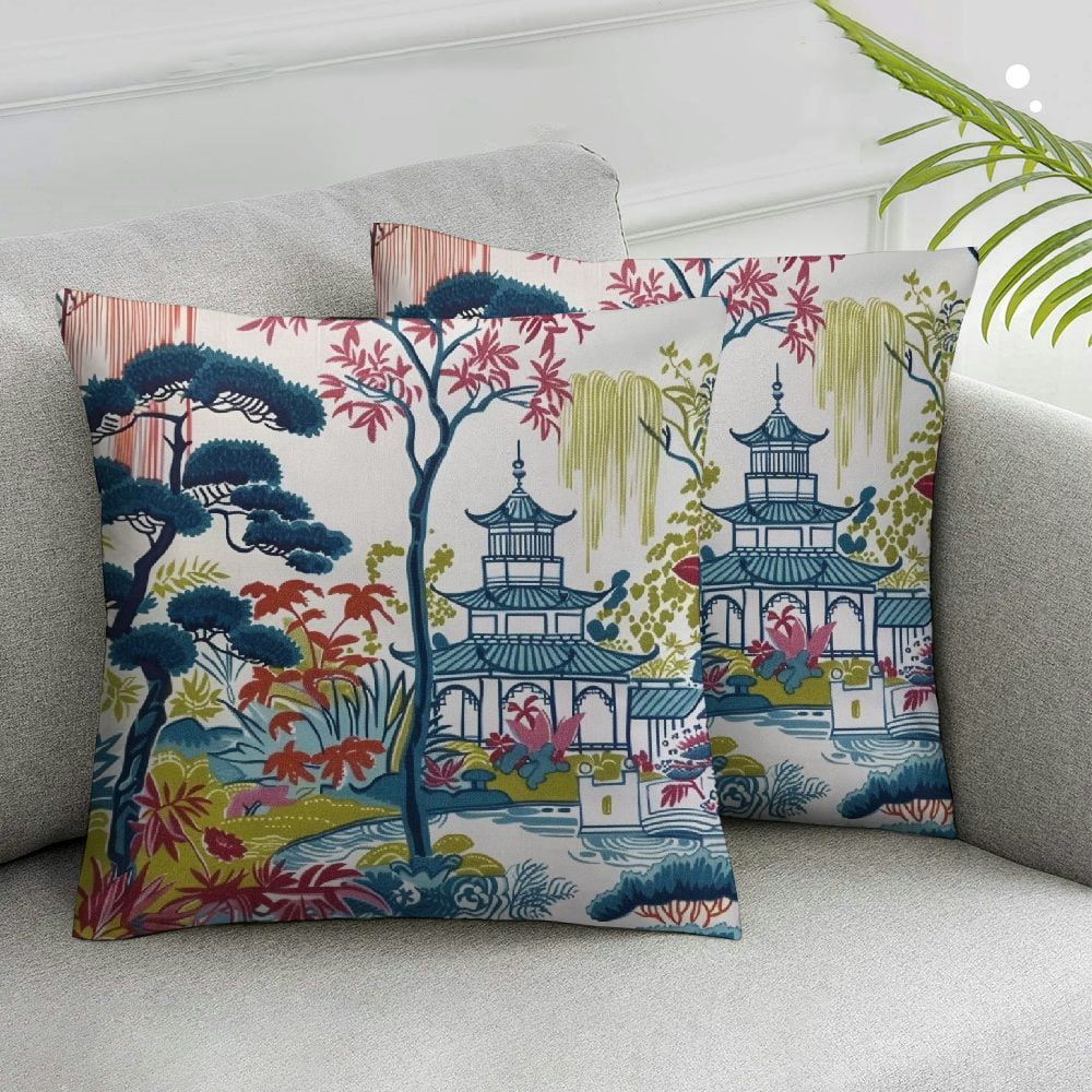 Acheng Blue Pagoda White Coral Color Flower Pillow Covers Asian Pagoda ...