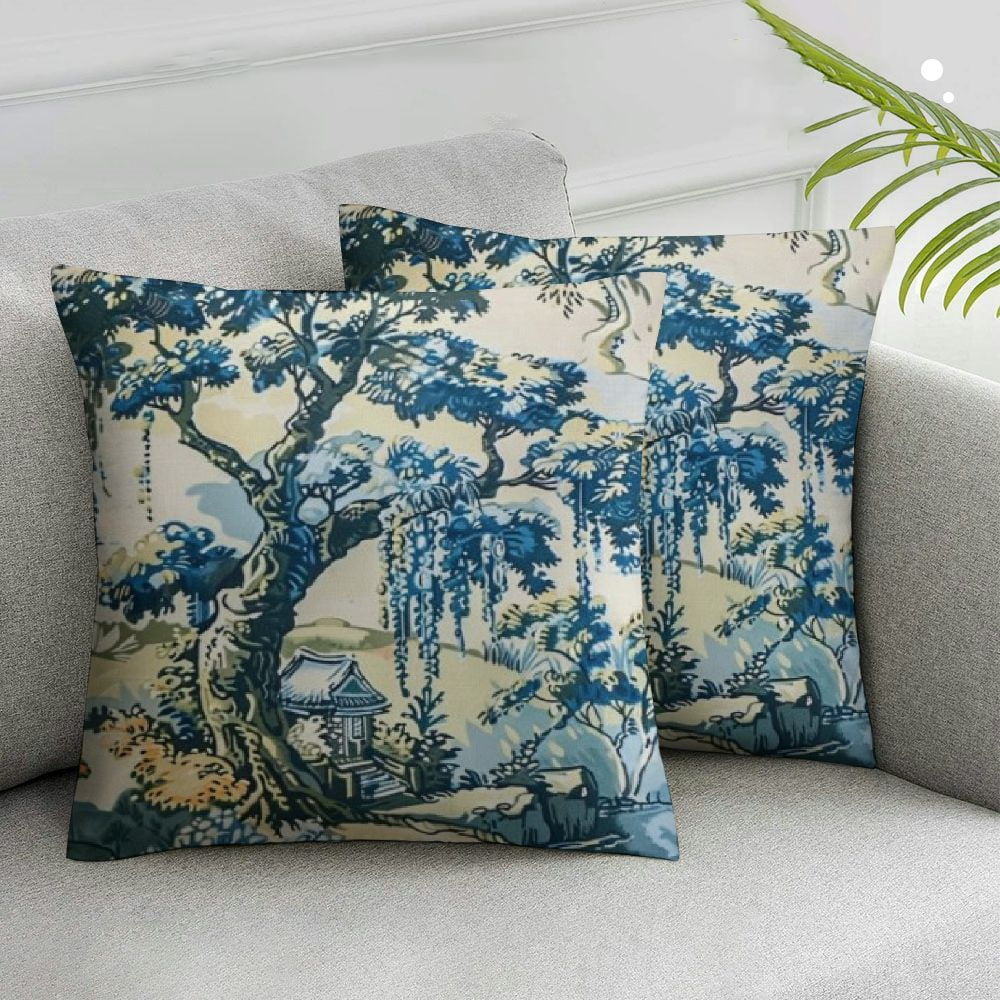 Acheng Chinoiserie Pillow Cover Asian Scenic Blue and Grey Throw Pillow ...