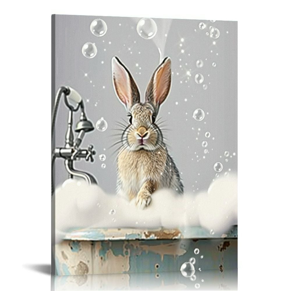 Acheng Cute Rabbit Bathroom Canvas Wall Art, Rabbit in Bathtub with ...