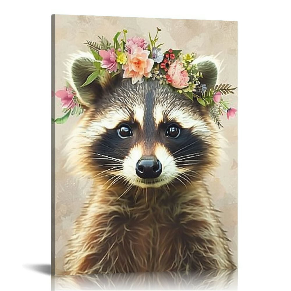 Acheng Cute Raccoon Canvas Painting Retro Animal Portrait Wall Art ...