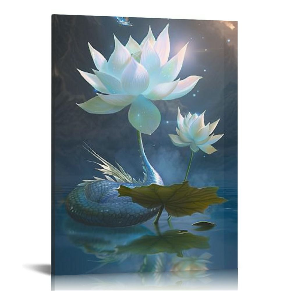 Acheng Dragonfly with Water Lily Flowers Wall Art for Living Room, Zen ...