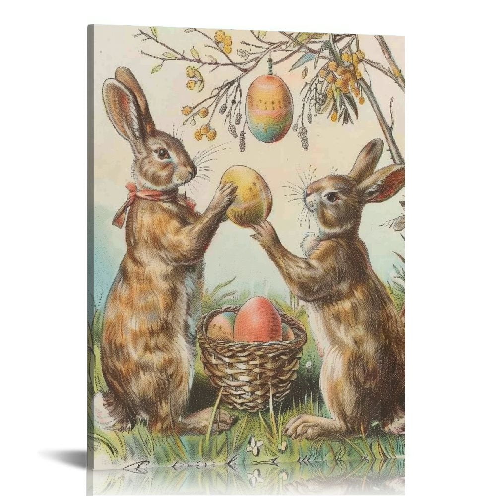 Acheng Easter Wall Art Vintage Robert Rabbit Family and Easter Eggs Aesthetic Painting Poster ...